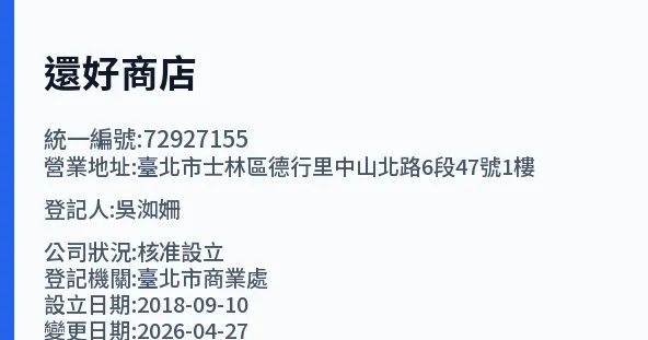 還好商店的照片-統編 72927155(臺北市) 公司登記資料與營業項目詳細圖表