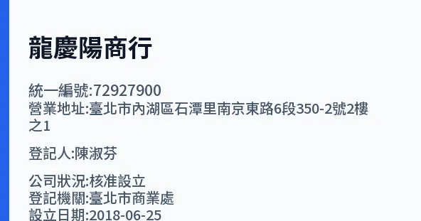 龍慶陽商行的照片-統編 72927900(臺北市) 公司登記資料與營業項目詳細圖表