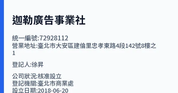 迦勒廣告事業社的照片-統編 72928112(臺北市) 公司登記資料與營業項目詳細圖表