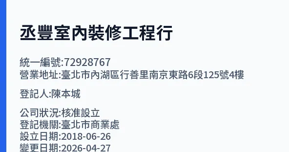 丞豐室內裝修工程行的照片-統編 72928767(臺北市) 公司登記資料與營業項目詳細圖表