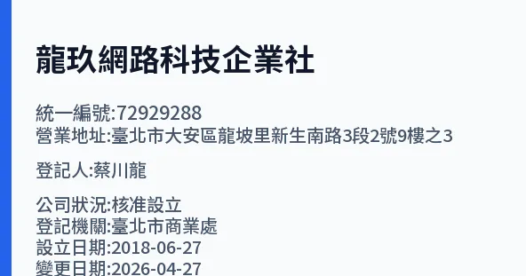 龍玖網路科技企業社的照片-統編 72929288(臺北市) 公司登記資料與營業項目詳細圖表