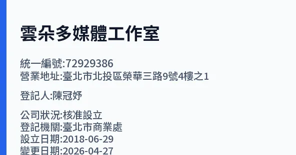 雲朵多媒體工作室的照片-統編 72929386(臺北市) 公司登記資料與營業項目詳細圖表