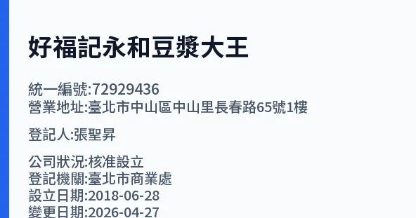 好福記永和豆漿大王的照片-統編 72929436(臺北市) 公司登記資料與營業項目詳細圖表
