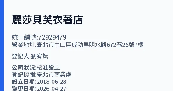 麗莎貝芙衣著店的照片-統編 72929479(臺北市) 公司登記資料與營業項目詳細圖表