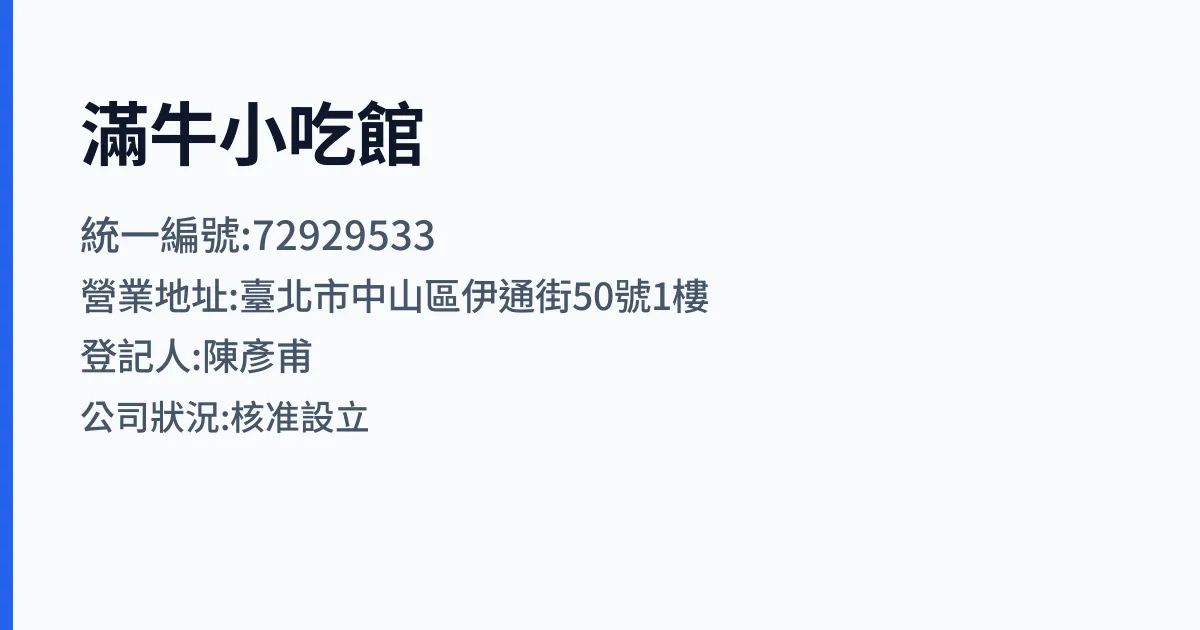 滿牛小吃館 - 統編 72929533(臺北市) 公司登記資料與營業項目詳細圖表