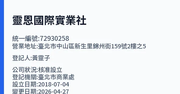 靈恩國際實業社的照片-統編 72930258(臺北市) 公司登記資料與營業項目詳細圖表