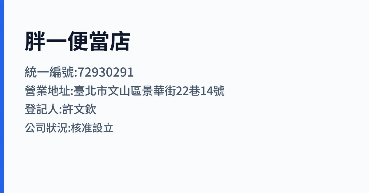 胖一便當店 - 統編 72930291（臺北市） 公司登記資料與營業項目詳細圖表