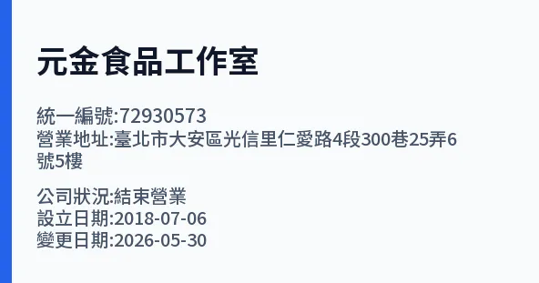 元金食品工作室的照片-統編 72930573(臺北市) 公司登記資料與營業項目詳細圖表