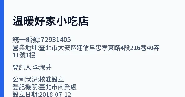 温暖好家小吃店的照片-統編 72931405(臺北市) 公司登記資料與營業項目詳細圖表