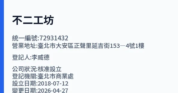 不二工坊的照片-統編 72931432(臺北市) 公司登記資料與營業項目詳細圖表
