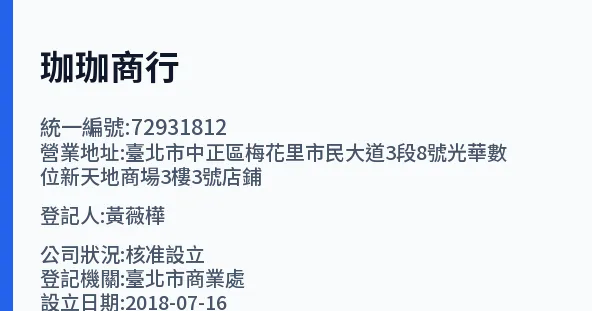 珈珈商行的照片-統編 72931812(臺北市) 公司登記資料與營業項目詳細圖表