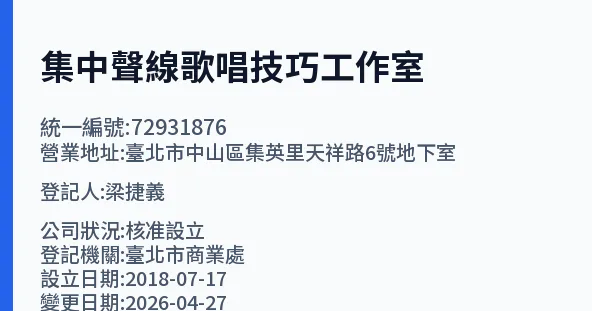 集中聲線歌唱技巧工作室的照片-統編 72931876(臺北市) 公司登記資料與營業項目詳細圖表