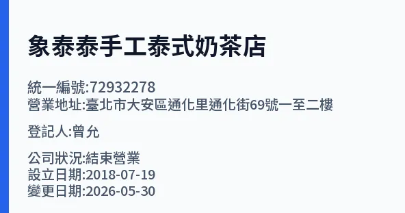象泰泰手工泰式奶茶店的照片-統編 72932278(臺北市) 公司登記資料與營業項目詳細圖表