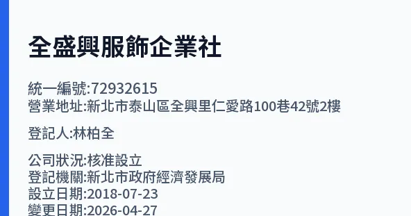 全盛興服飾企業社的照片-統編 72932615(新北市) 公司登記資料與營業項目詳細圖表