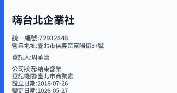 嗨台北企業社的照片-統編 72932848(臺北市) 公司登記資料與營業項目詳細圖表
