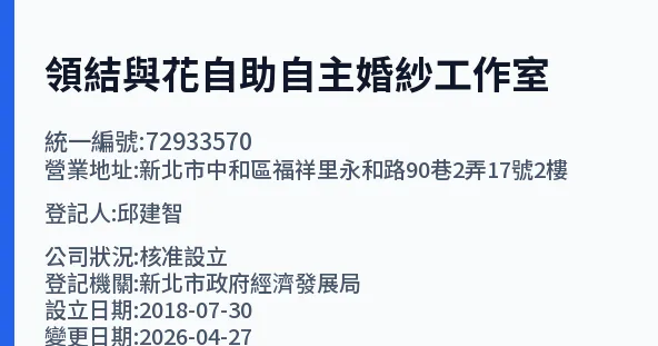 領結與花自助自主婚紗工作室的照片-統編 72933570(新北市) 公司登記資料與營業項目詳細圖表