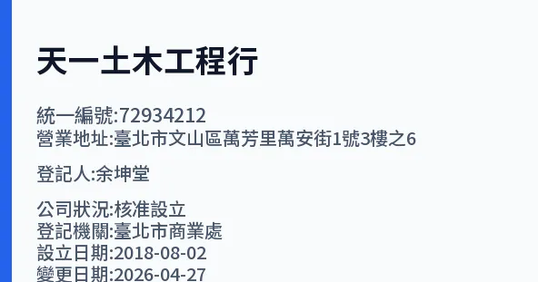 天一土木工程行的照片-統編 72934212(臺北市) 公司登記資料與營業項目詳細圖表