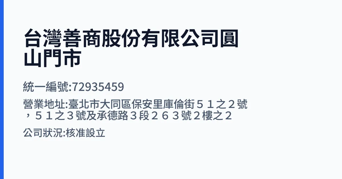 台灣善商股份有限公司圓山門市 - 統編 72935459(臺北市) 公司登記資料與營業項目詳細圖表