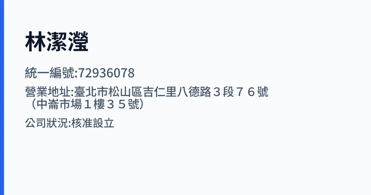 林潔瀅 - 統編 72936078(臺北市) 公司登記資料與營業項目詳細圖表