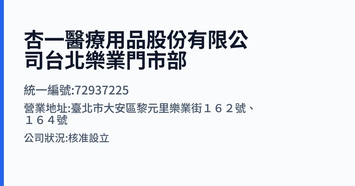 杏一醫療用品股份有限公司台北樂業門市部 - 統編 72937225(臺北市) 公司登記資料與營業項目詳細圖表