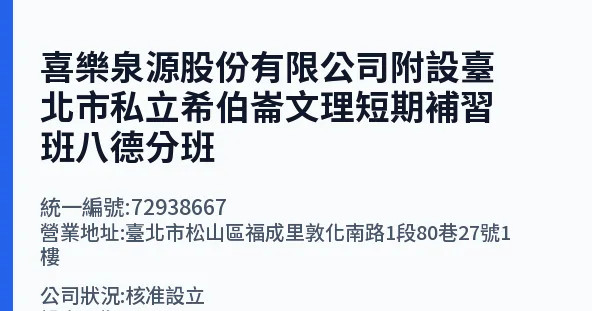 喜樂泉源股份有限公司附設臺北市私立希伯崙文理短期補習班八德分班的照片-統編 72938667(臺北市) 公司登記資料與營業項目詳細圖表
