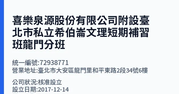喜樂泉源股份有限公司附設臺北市私立希伯崙文理短期補習班龍門分班的照片-統編 72938771(臺北市) 公司登記資料與營業項目詳細圖表