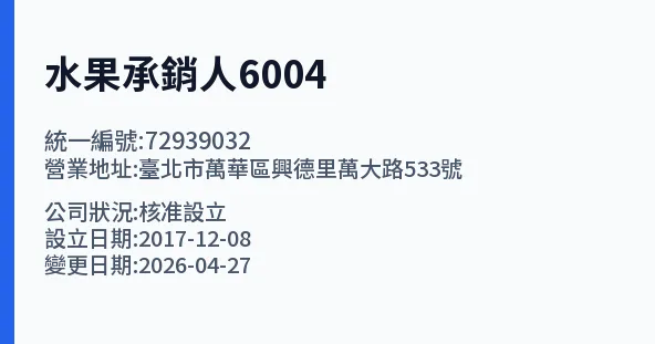 水果承銷人6004的照片-統編 72939032(臺北市) 公司登記資料與營業項目詳細圖表