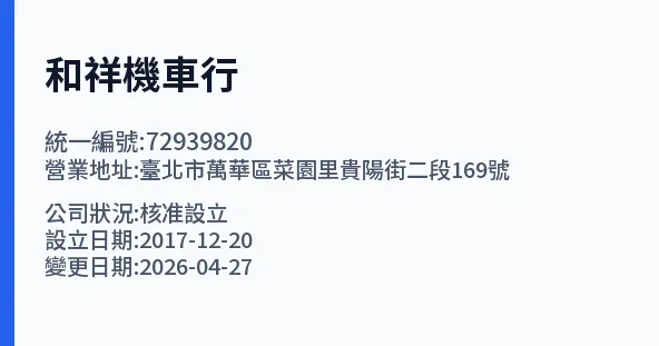 和祥機車行的照片-統編 72939820(臺北市) 公司登記資料與營業項目詳細圖表