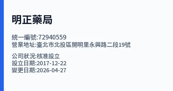 明正藥局的照片-統編 72940559(臺北市) 公司登記資料與營業項目詳細圖表