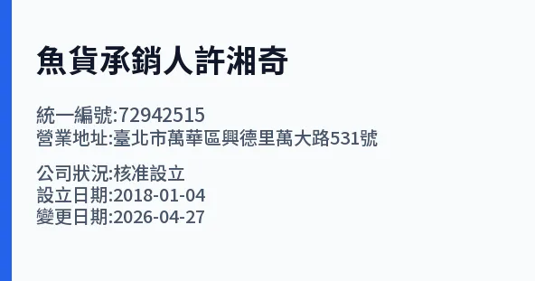 魚貨承銷人許湘奇的照片-統編 72942515(臺北市) 公司登記資料與營業項目詳細圖表
