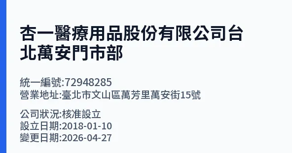 杏一醫療用品股份有限公司台北萬安門市部的照片-統編 72948285(臺北市) 公司登記資料與營業項目詳細圖表