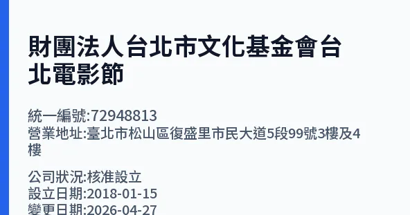 財團法人台北市文化基金會台北電影節的照片-統編 72948813(臺北市) 公司登記資料與營業項目詳細圖表