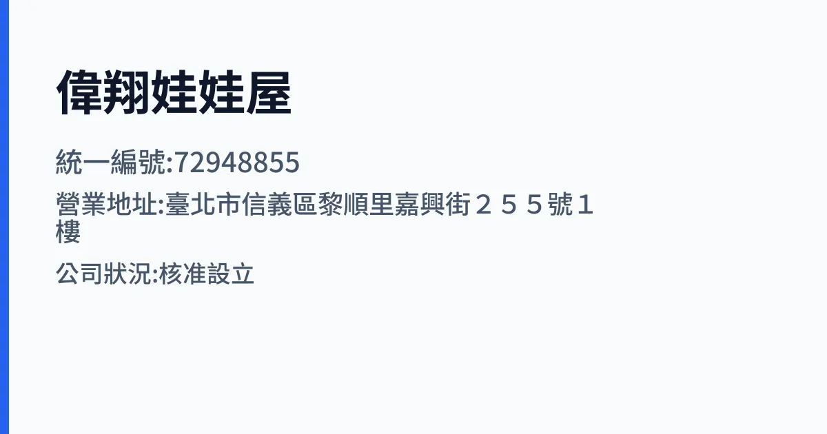 偉翔娃娃屋 - 統編 72948855(臺北市) 公司登記資料與營業項目詳細圖表