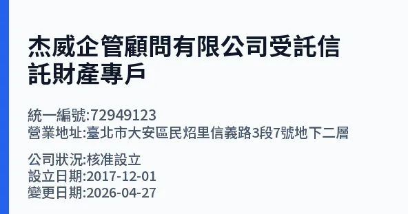 杰威企管顧問有限公司受託信託財產專戶的照片-統編 72949123(臺北市) 公司登記資料與營業項目詳細圖表