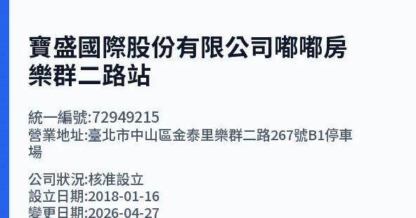 寶盛國際股份有限公司嘟嘟房樂群二路站的照片-統編 72949215(臺北市) 公司登記資料與營業項目詳細圖表
