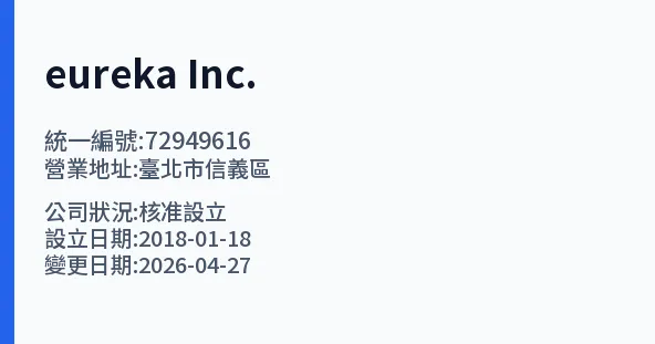 eureka Inc.的照片-統編 72949616(臺北市) 公司登記資料與營業項目詳細圖表
