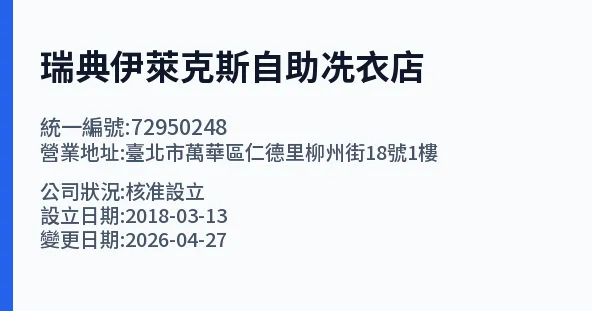 瑞典伊萊克斯自助冼衣店的照片-統編 72950248(臺北市) 公司登記資料與營業項目詳細圖表