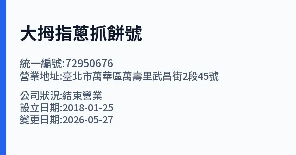 大拇指蔥抓餅號的照片-統編 72950676(臺北市) 公司登記資料與營業項目詳細圖表
