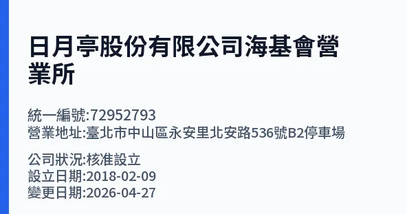 日月亭股份有限公司海基會營業所的照片-統編 72952793(臺北市) 公司登記資料與營業項目詳細圖表