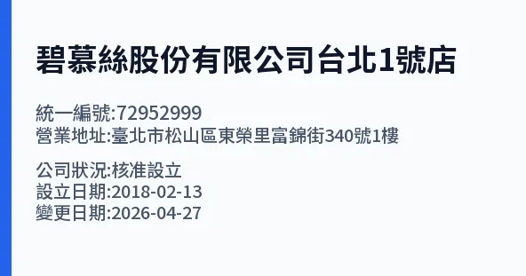 碧慕絲股份有限公司台北1號店的照片-統編 72952999(臺北市) 公司登記資料與營業項目詳細圖表