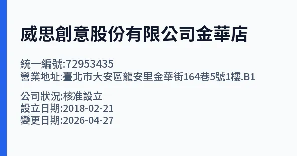 威思創意股份有限公司金華店的照片-統編 72953435(臺北市) 公司登記資料與營業項目詳細圖表