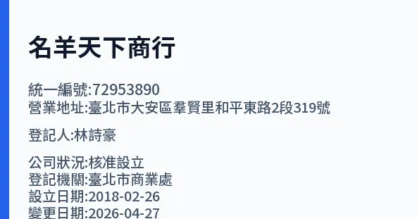名羊天下商行的照片-統編 72953890(臺北市) 公司登記資料與營業項目詳細圖表