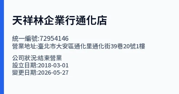 天祥林企業行通化店的照片-統編 72954146(臺北市) 公司登記資料與營業項目詳細圖表