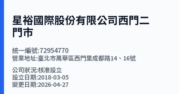 星裕國際股份有限公司西門二門市的照片-統編 72954770(臺北市) 公司登記資料與營業項目詳細圖表