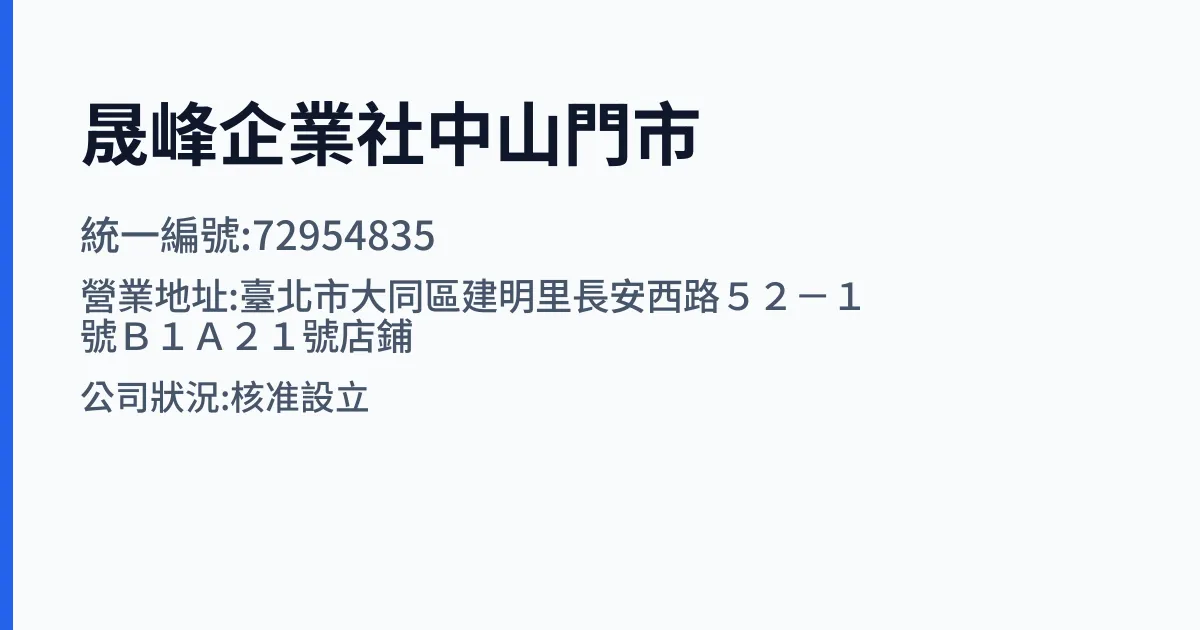 晟峰企業社中山門市 - 統編 72954835(臺北市) 公司登記資料與營業項目詳細圖表