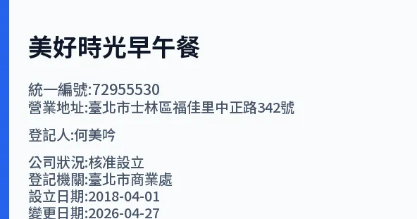 美好時光早午餐的照片-統編 72955530(臺北市) 公司登記資料與營業項目詳細圖表