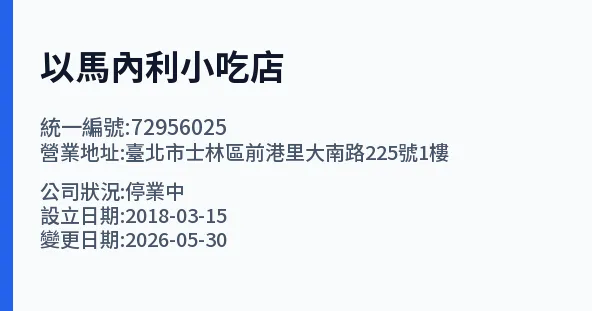 以馬內利小吃店的照片-統編 72956025(臺北市) 公司登記資料與營業項目詳細圖表