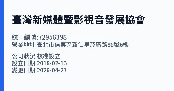 臺灣新媒體暨影視音發展協會的照片-統編 72956398(臺北市) 公司登記資料與營業項目詳細圖表