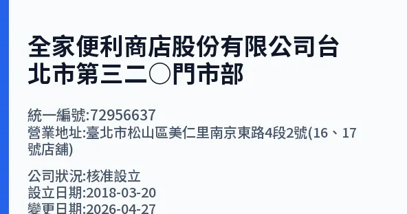 全家便利商店股份有限公司台北市第三二○門市部的照片-統編 72956637(臺北市) 公司登記資料與營業項目詳細圖表