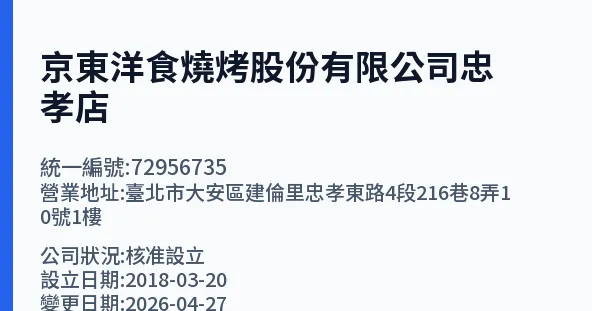 京東洋食燒烤股份有限公司忠孝店的照片-統編 72956735(臺北市) 公司登記資料與營業項目詳細圖表